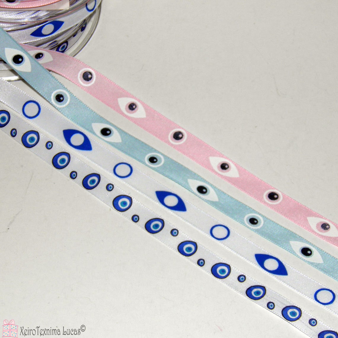 Evil Eye Ribbon 15mm White, Blue or Pink - Ribbon With Eyes - 18 Meters ...