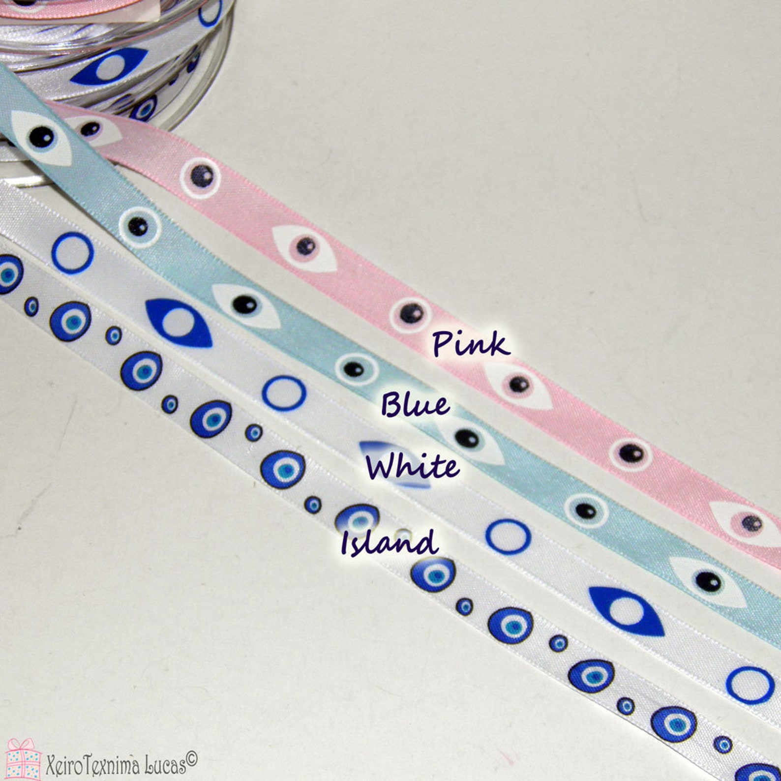 Evil Eye Ribbon 15mm White, Blue or Pink - Ribbon With Eyes - 18 Meters ...