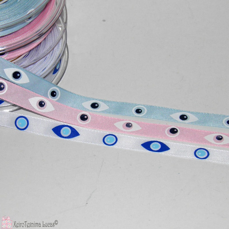 Evil Eye Ribbon 15mm White, Blue or Pink - Ribbon With Eyes - 18 Meters ...
