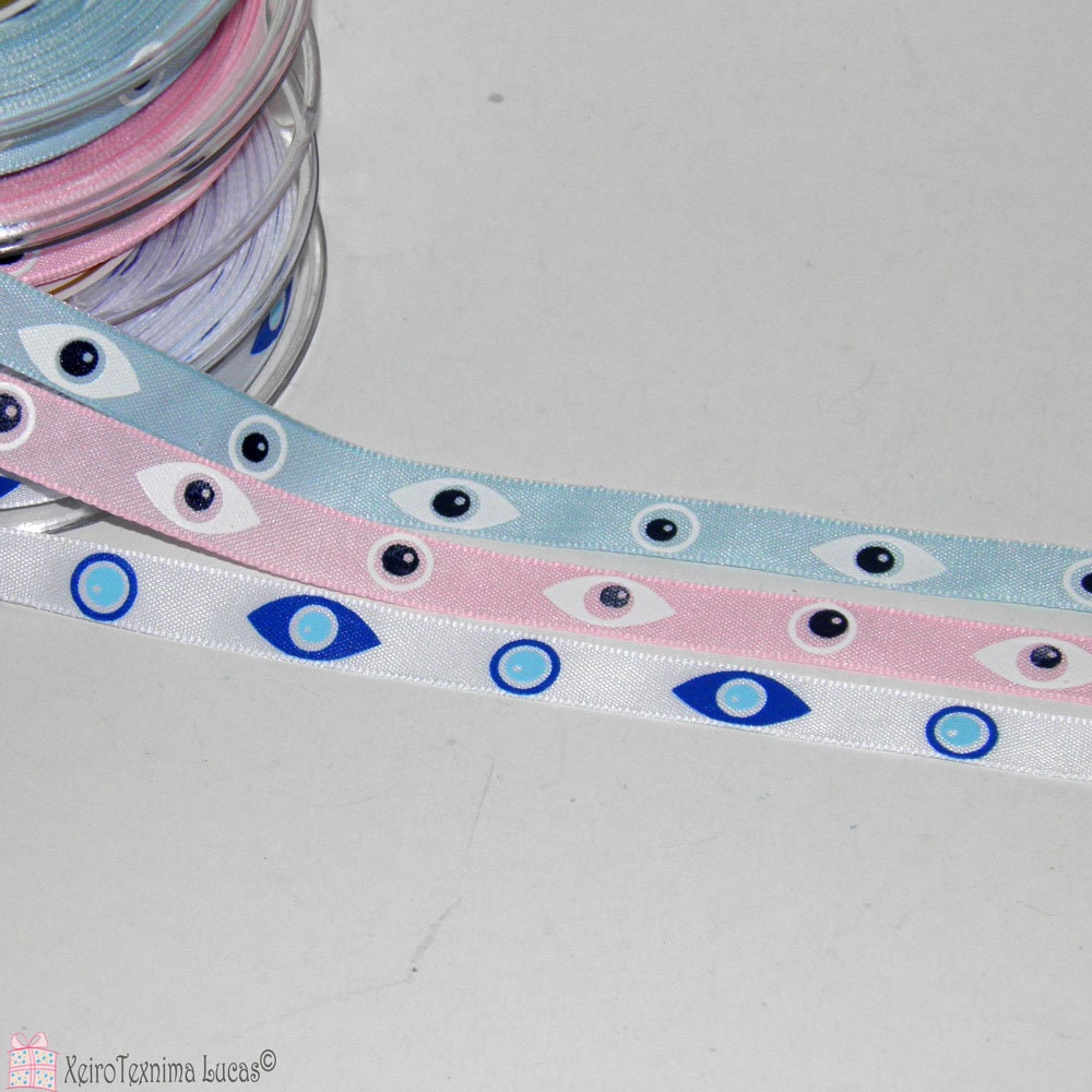 Evil Eye Ribbon 15mm White, Blue or Pink - Ribbon With Eyes - 18 Meters ...