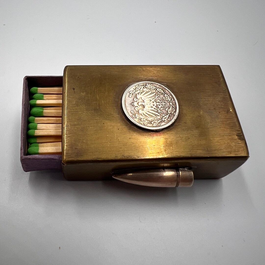 WW1 German Brass Trench Art Match Box Holder W/ Crown Button, Bullet ...