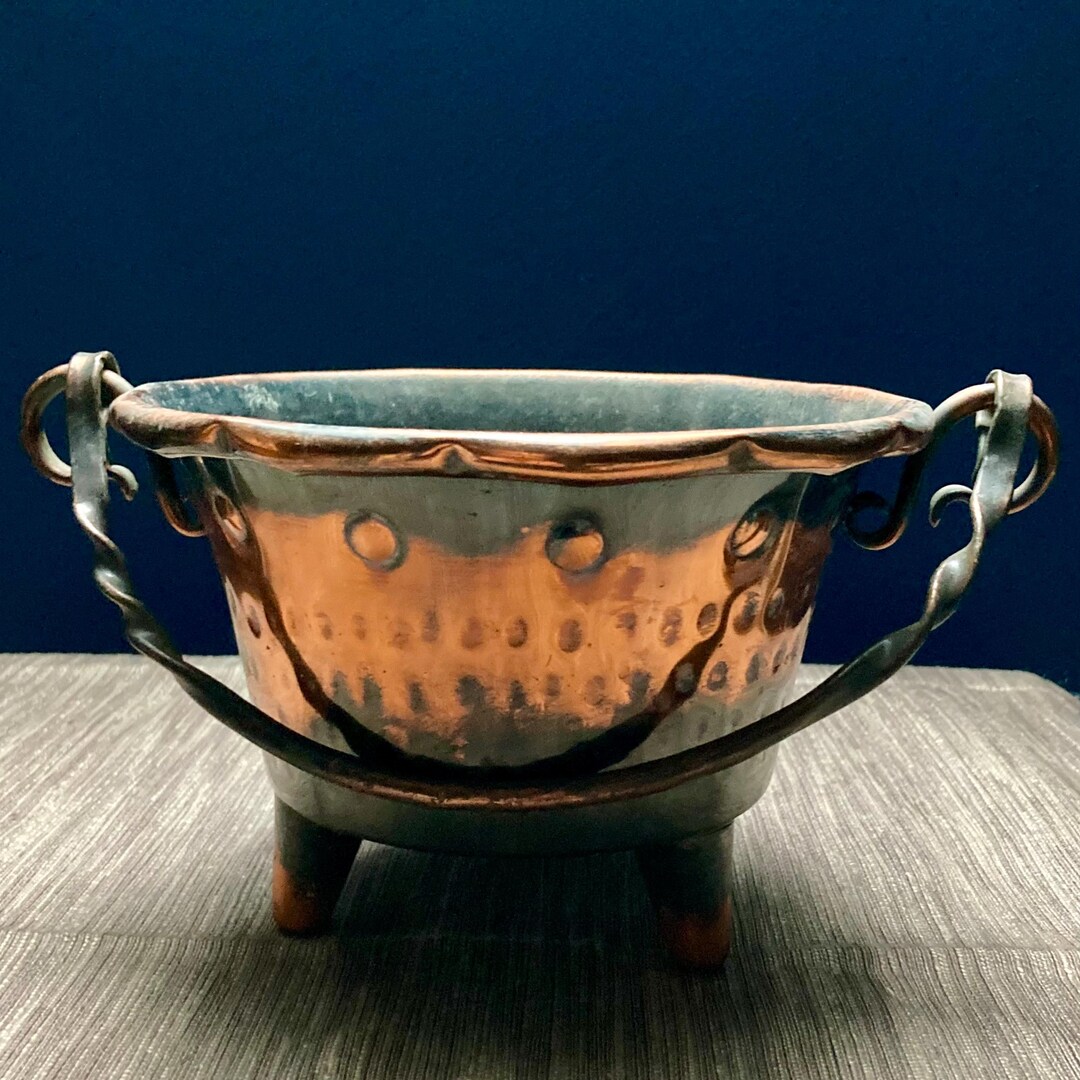 French Vintage Hammered Copper Cauldron With Twisted Iron Handles ...