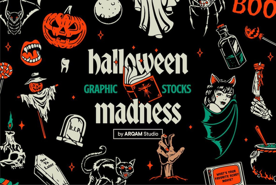 Halloween Madness Graphics | Retro Scary Clipart Pack | Spooky Design ...