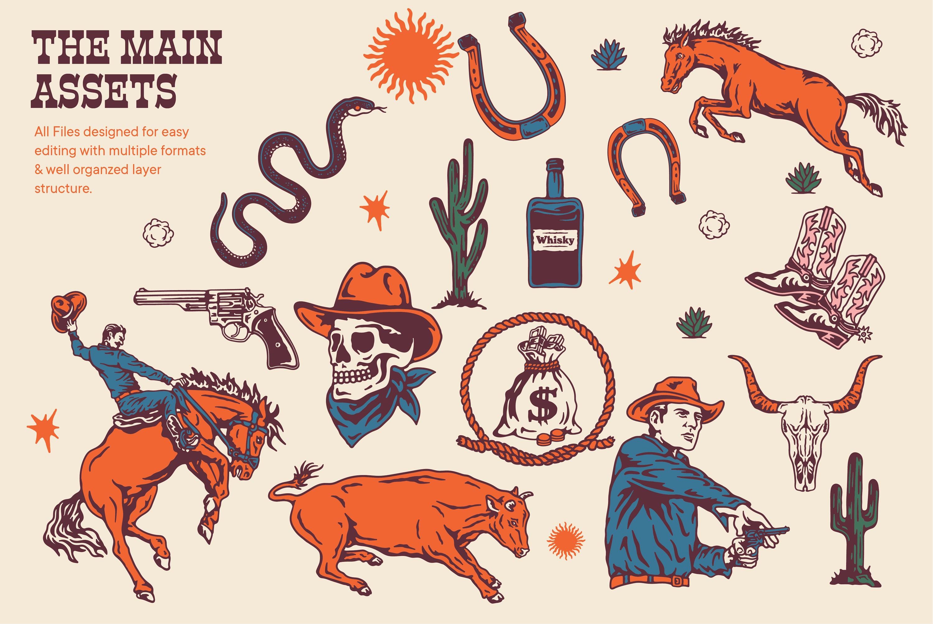 Vintage Western Graphic Assets - Retro Cowboy Illustrations, Wild West ...