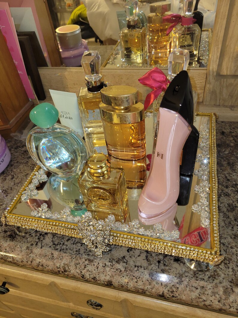 Elegant Crystal Encrusted Vanity Tray Gold Framed Mirrored Display Tray ...
