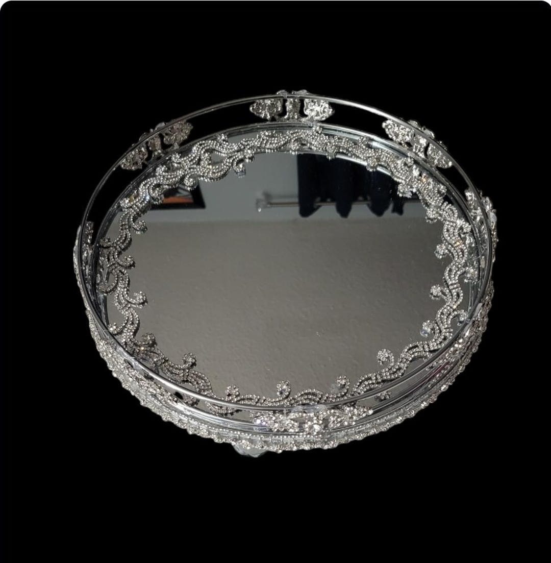 Ornate Silver Crystal Vanity Tray Round Mirrored Display Tray With ...