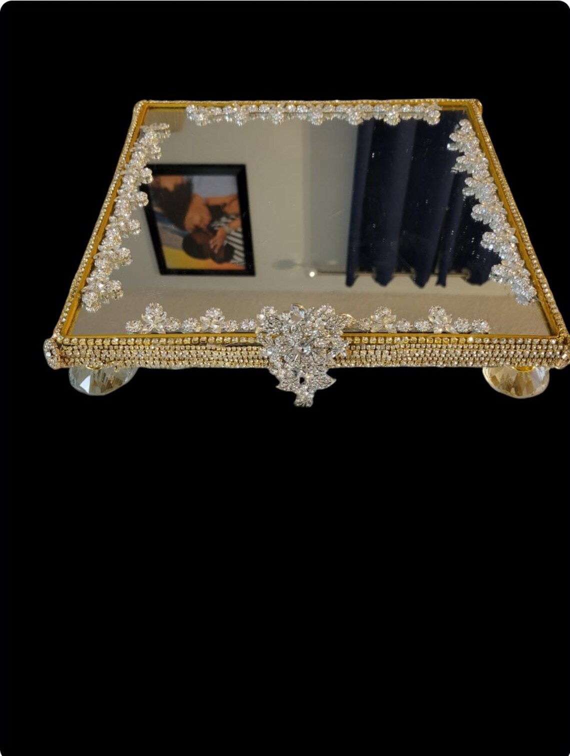 Elegant Crystal Encrusted Vanity Tray Gold Framed Mirrored Display Tray ...