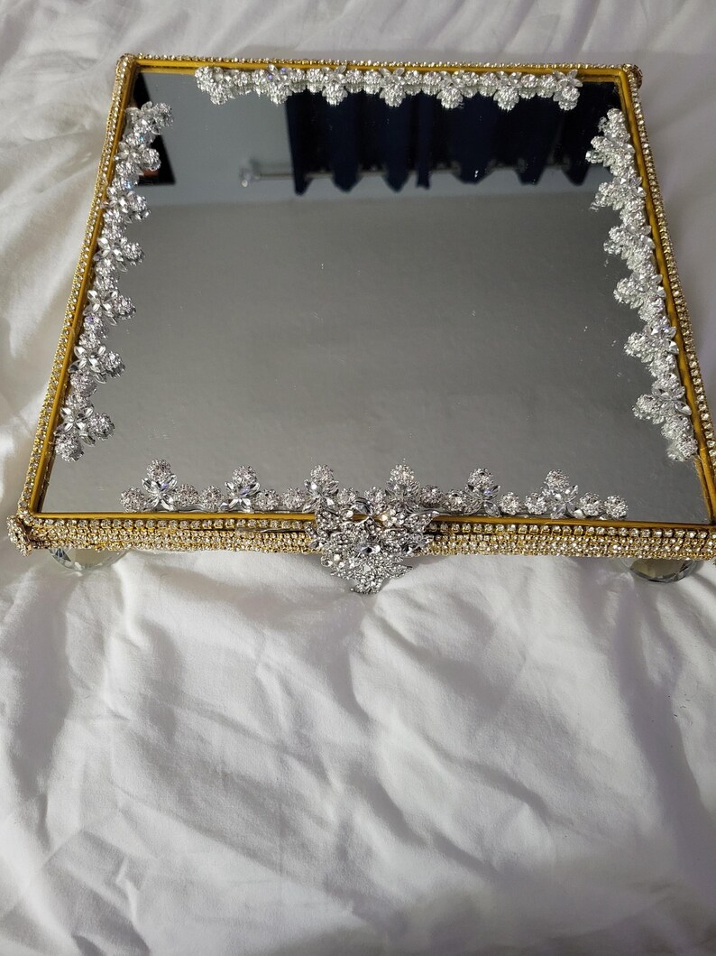 Elegant Crystal Encrusted Vanity Tray Gold Framed Mirrored Display Tray ...
