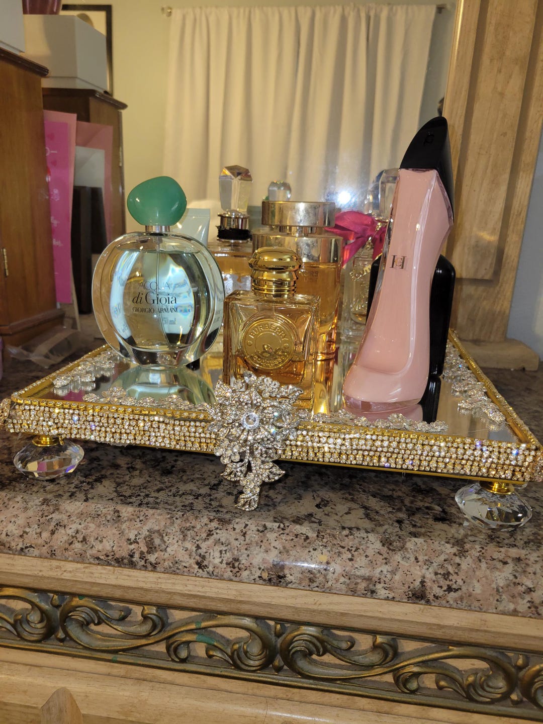 Elegant Crystal Encrusted Vanity Tray Gold Framed Mirrored Display Tray ...