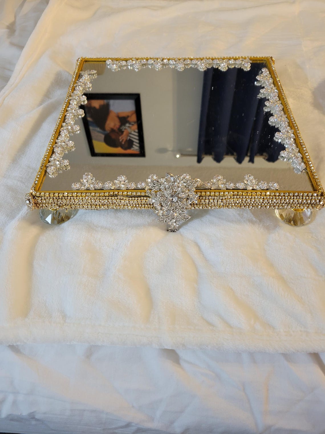 Elegant Crystal Encrusted Vanity Tray Gold Framed Mirrored Display Tray ...