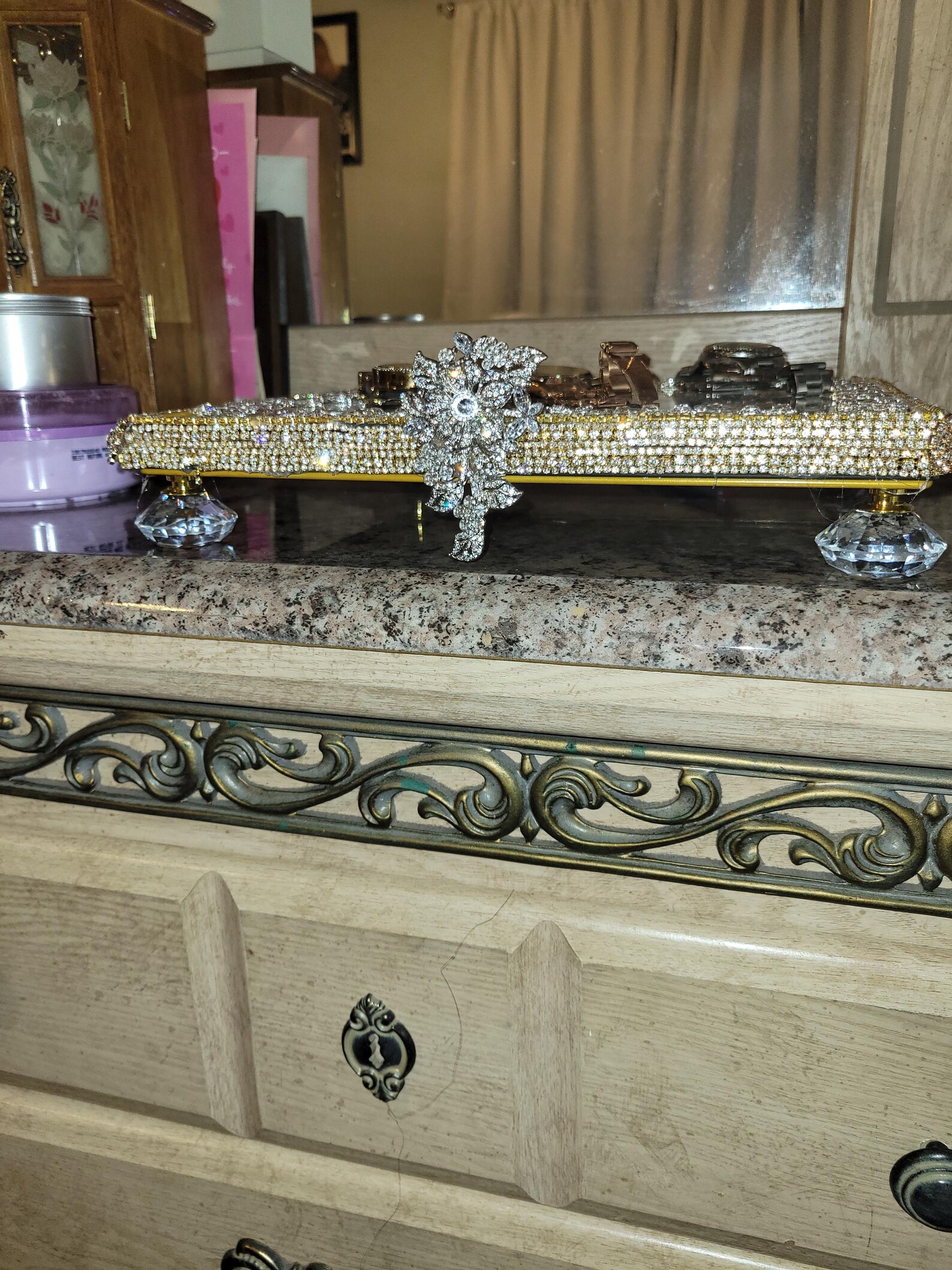 Elegant Crystal Encrusted Vanity Tray Gold Framed Mirrored Display Tray ...