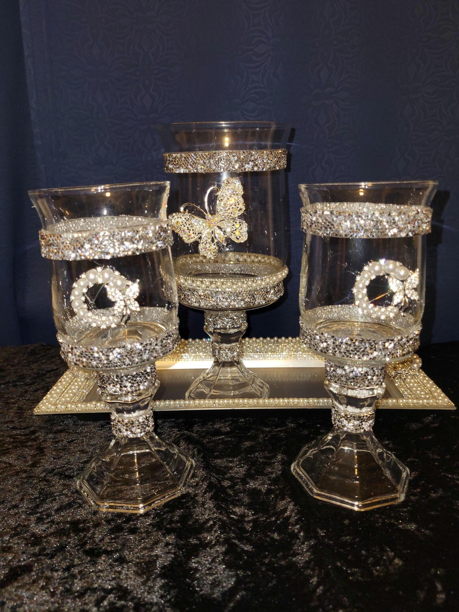 Elegant Crystal Candle Holder Set With Butterfly Accents and Pearl ...
