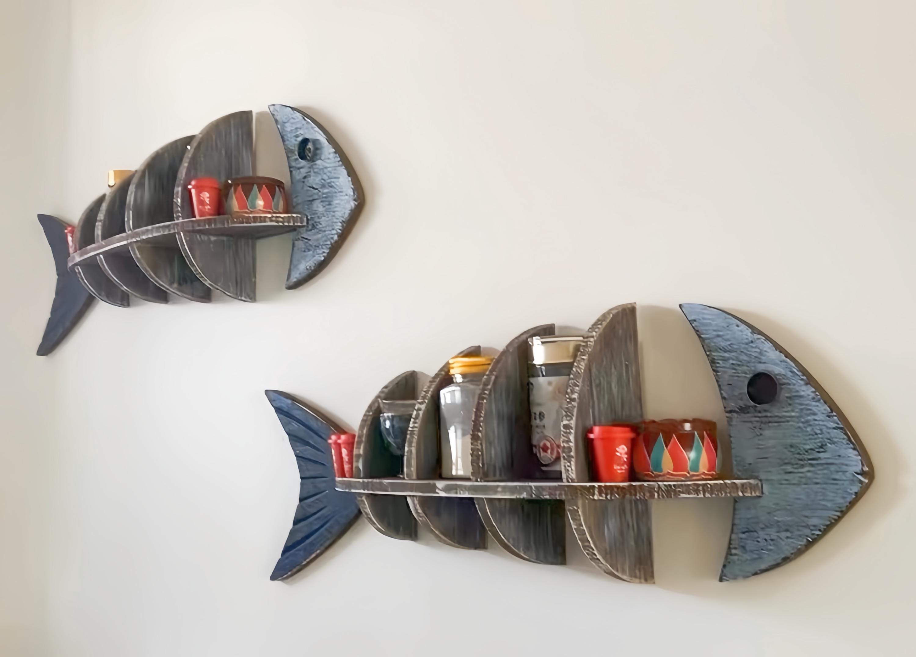 Vintage Mediterranean Fishbone Wall Shelf Rack, Handcrafted Wooden ...