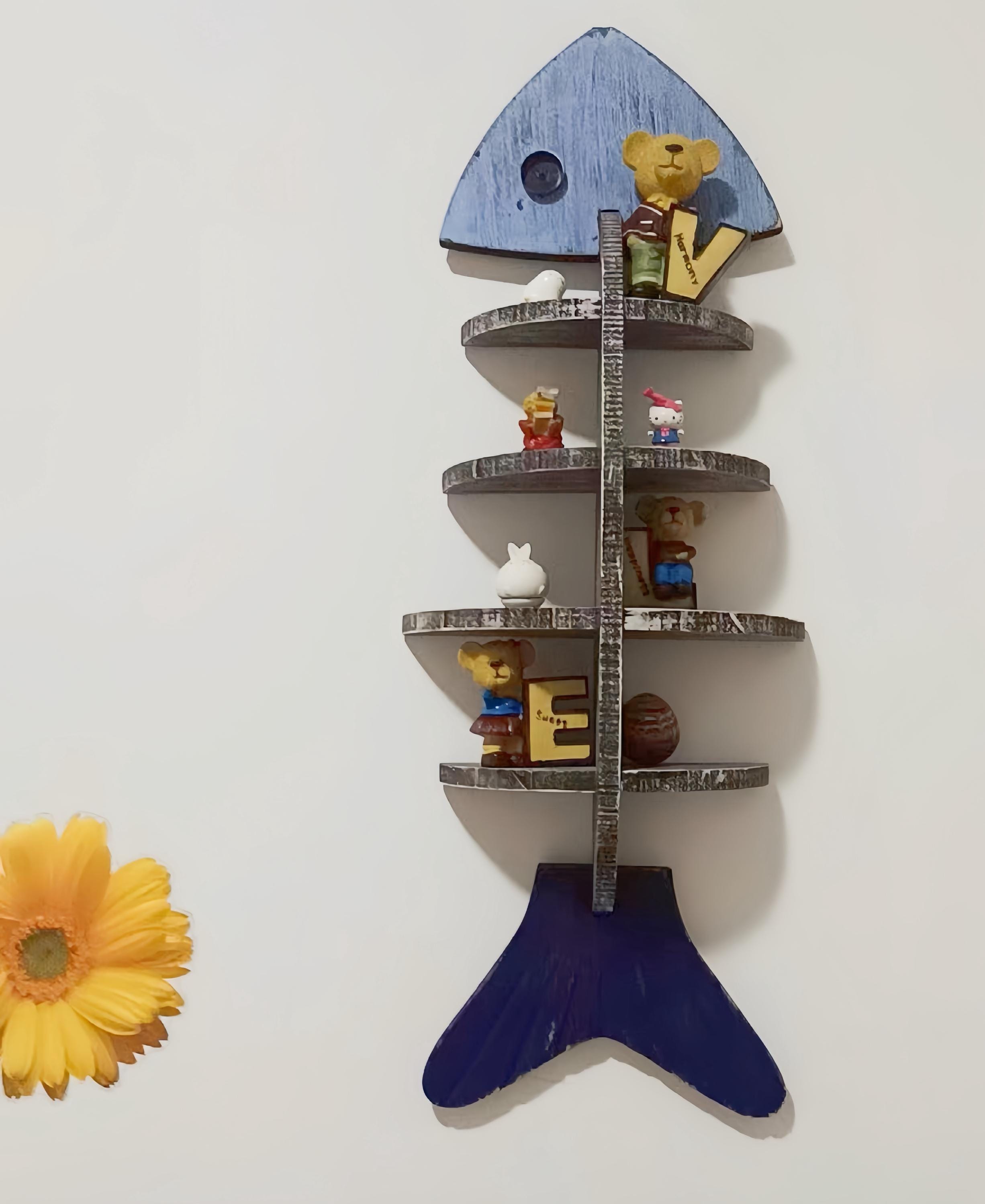 Vintage Mediterranean Fishbone Wall Shelf Rack, Handcrafted Wooden ...