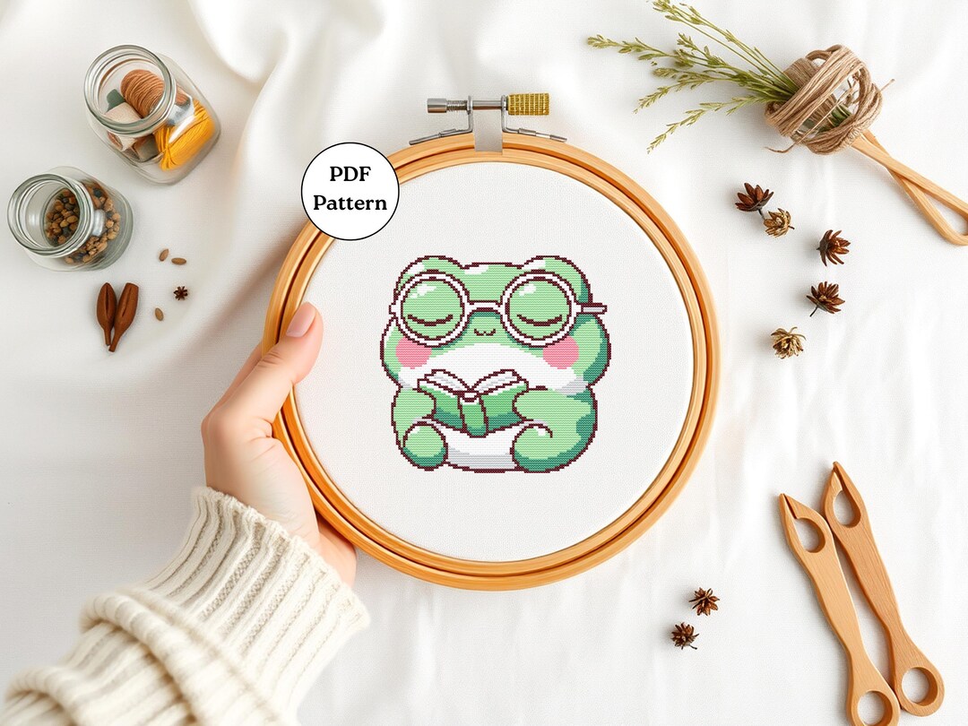 Cute Frog Cross Stitch Pattern PDF Kawaii Reading Frog Embroidery Easy ...