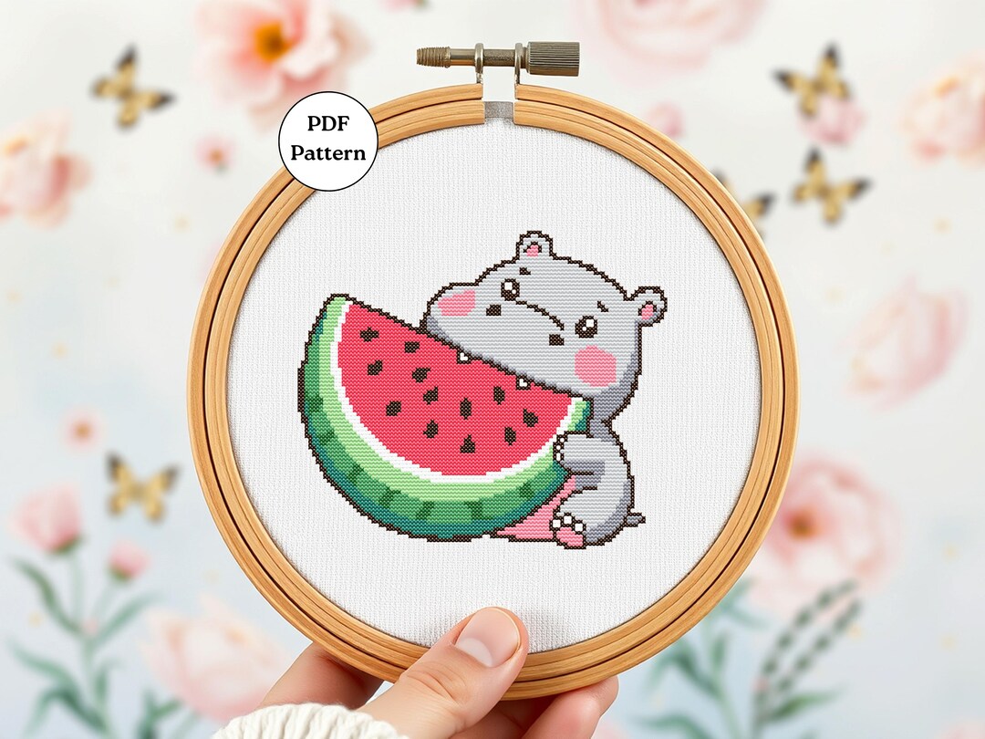 Cute Hippo Cross Stitch Pattern Kawaii Animal Embroidery PDF Easy Counted Cross Stitch for ...