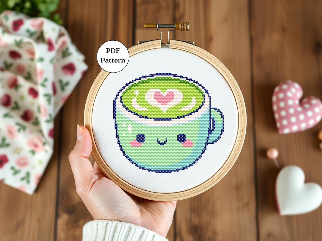 Kawaii Matcha Latte Cross Stitch Pattern Cute Tea Cup Embroidery PDF ...