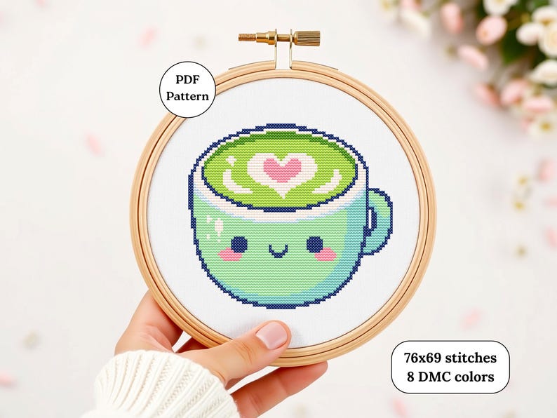 Kawaii Matcha Latte Cross Stitch Pattern Cute Tea Cup Embroidery PDF ...