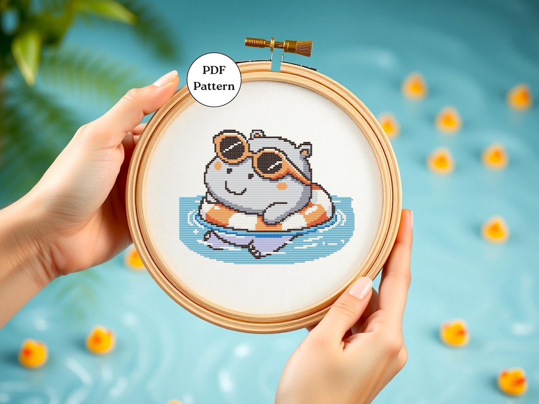 Cute Hippo Cross Stitch Pattern Summer Animal Embroidery PDF Easy Counted Cross Stitch for ...