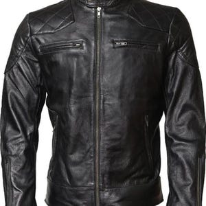 Mens David Beckham Black Real Biker Leather Jacket Vintage Slim Fit