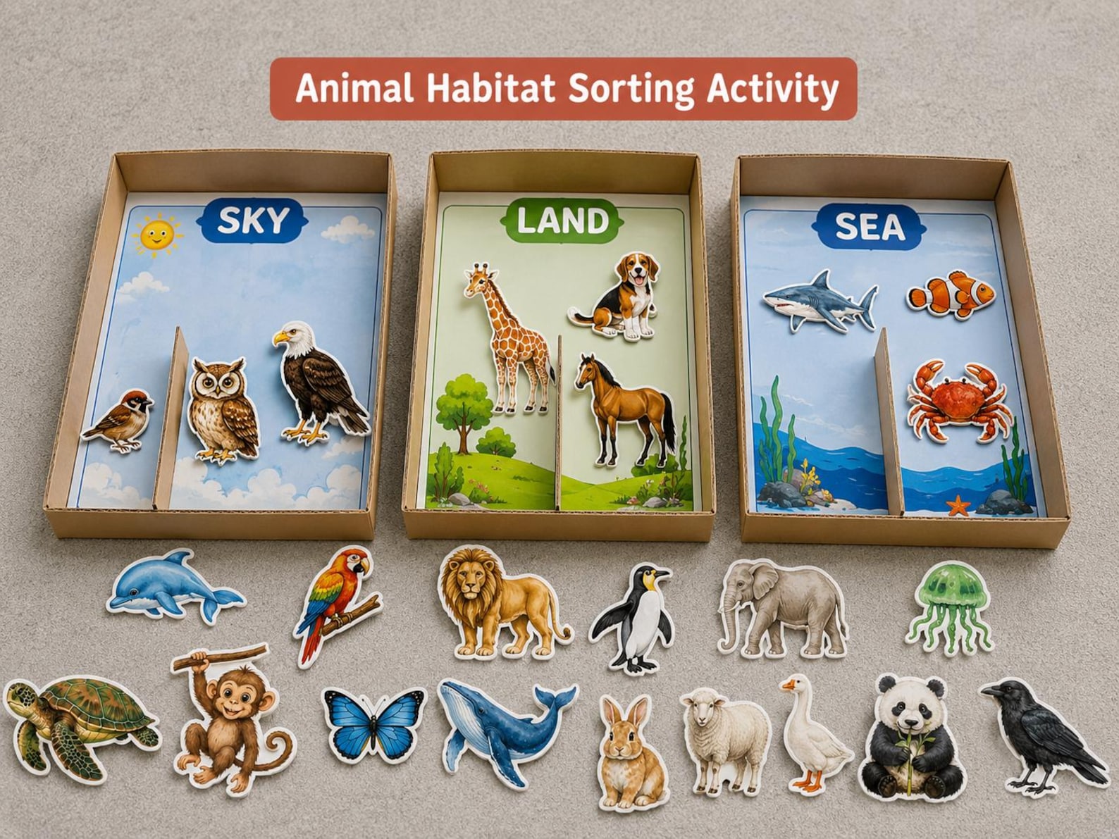 Animal Habitat Sorting Activity | Sky Land Sea Montessori Preschool ...