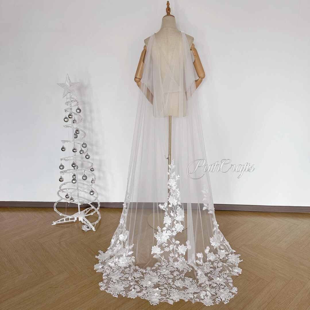 Gorgeous 3D Lace Flower Pearl Wedding Cape Veil, Exquisite V Back ...