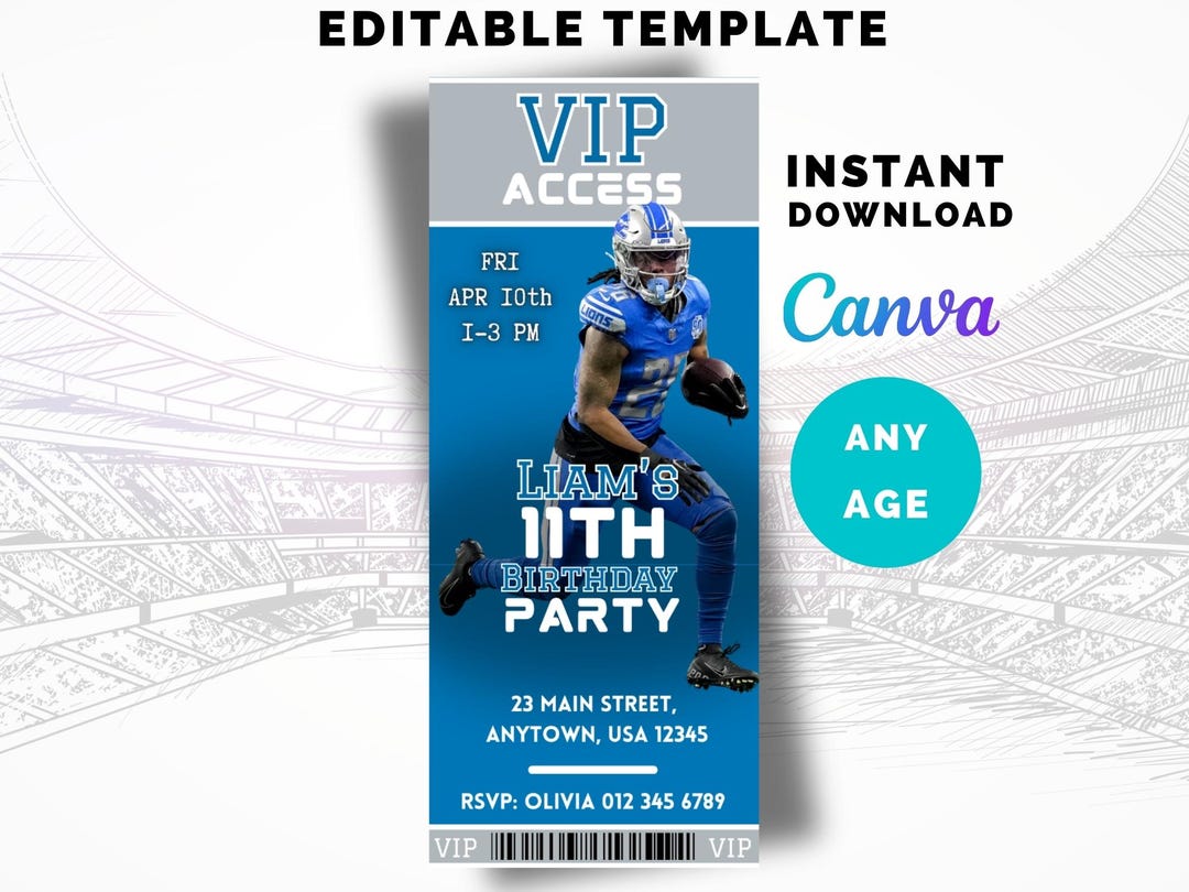 Detroit Lions Birthday Invitation: VIP Ticket, Any Age (canva Template ...