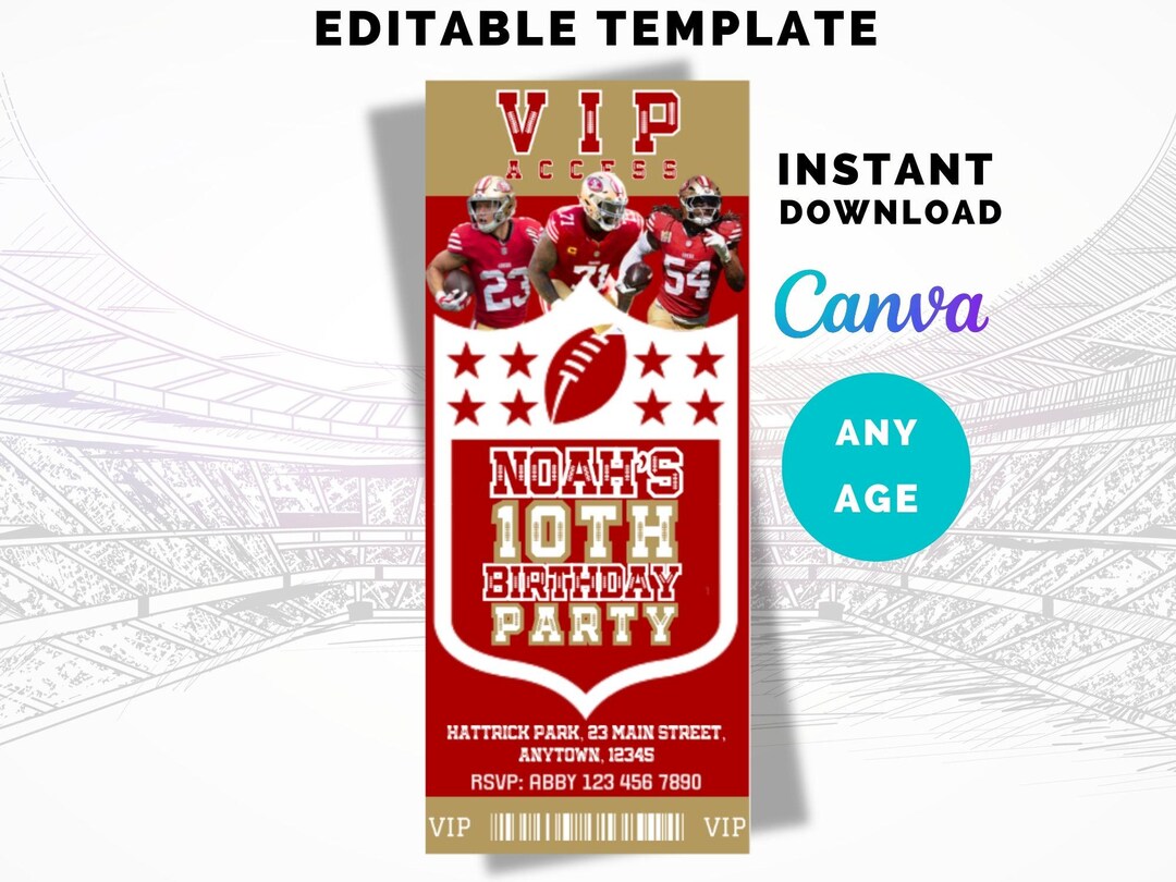 49ers Football Birthday Invitation: VIP Ticket, Canva Template (instant ...