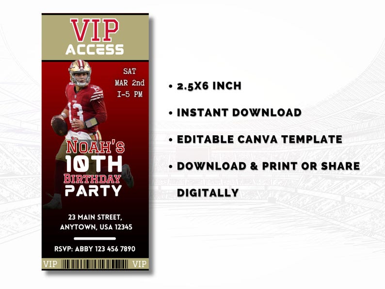 49ers Birthday Invitation: Football Ticket, Canva Template (digital ...