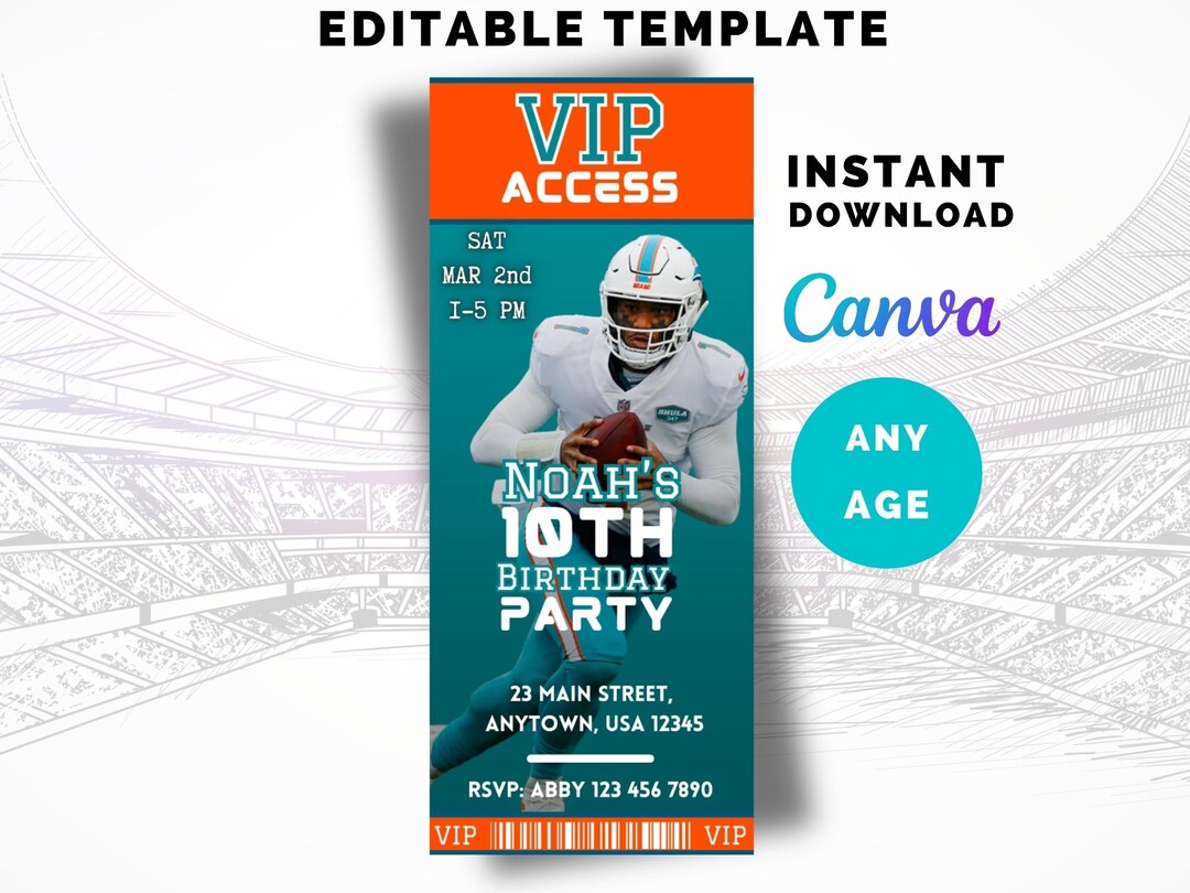 Miami Dolphins Birthday Invitation: Football Theme, Canva Template ...