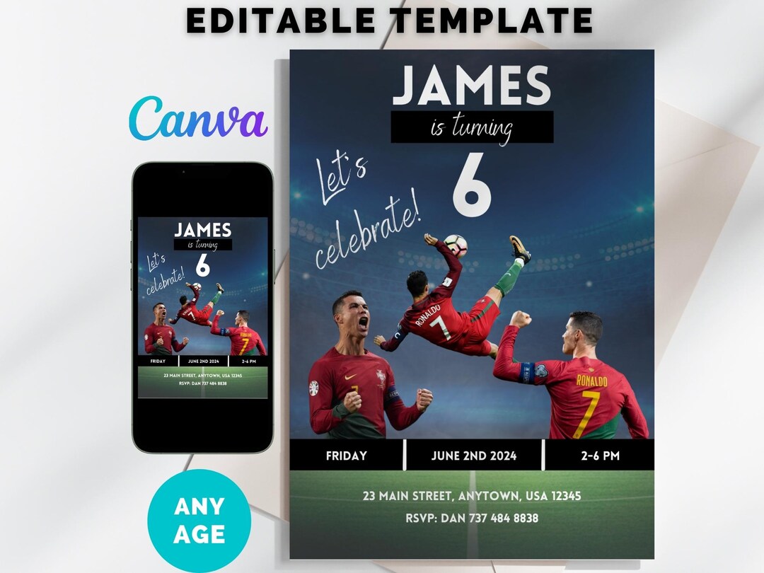 Ronaldo Birthday Invitation, Editable Ronaldo Invitation Template ...