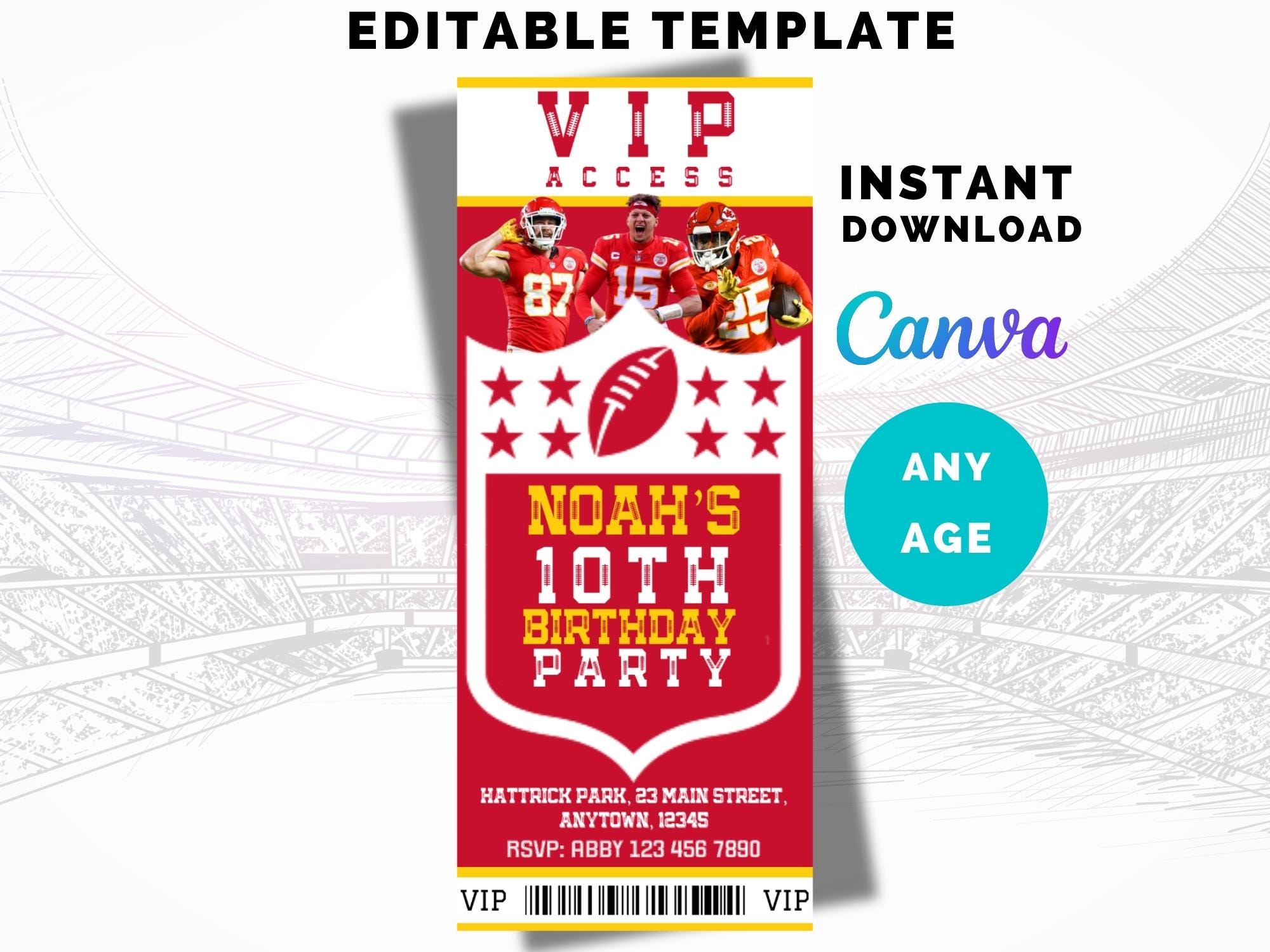 Kansas City Chiefs Birthday Invitation: VIP Ticket Canva Template ...