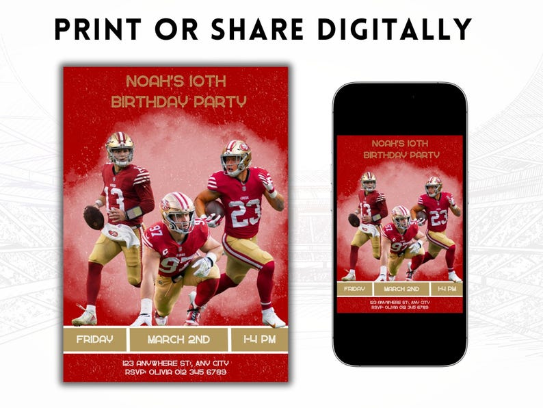 49ers Football Birthday Invitation: San Francisco Team, Canva Template ...