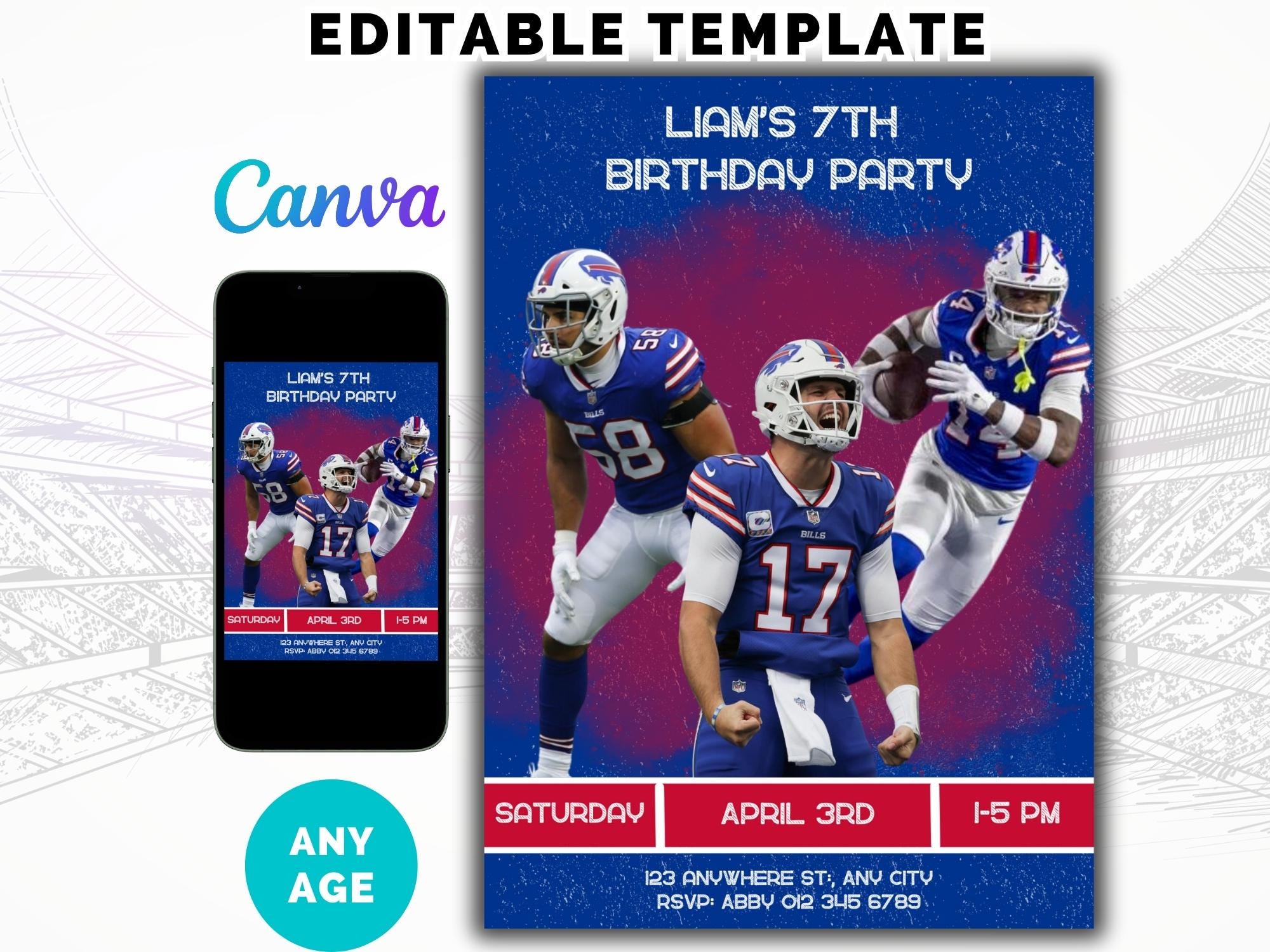 Buffalo Bills Birthday Invitation: Allen, Diggs, Milano (canva Template ...