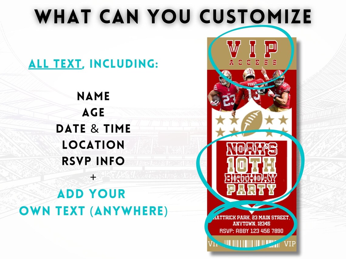 49ers Football Birthday Invitation: VIP Ticket, Canva Template (instant ...