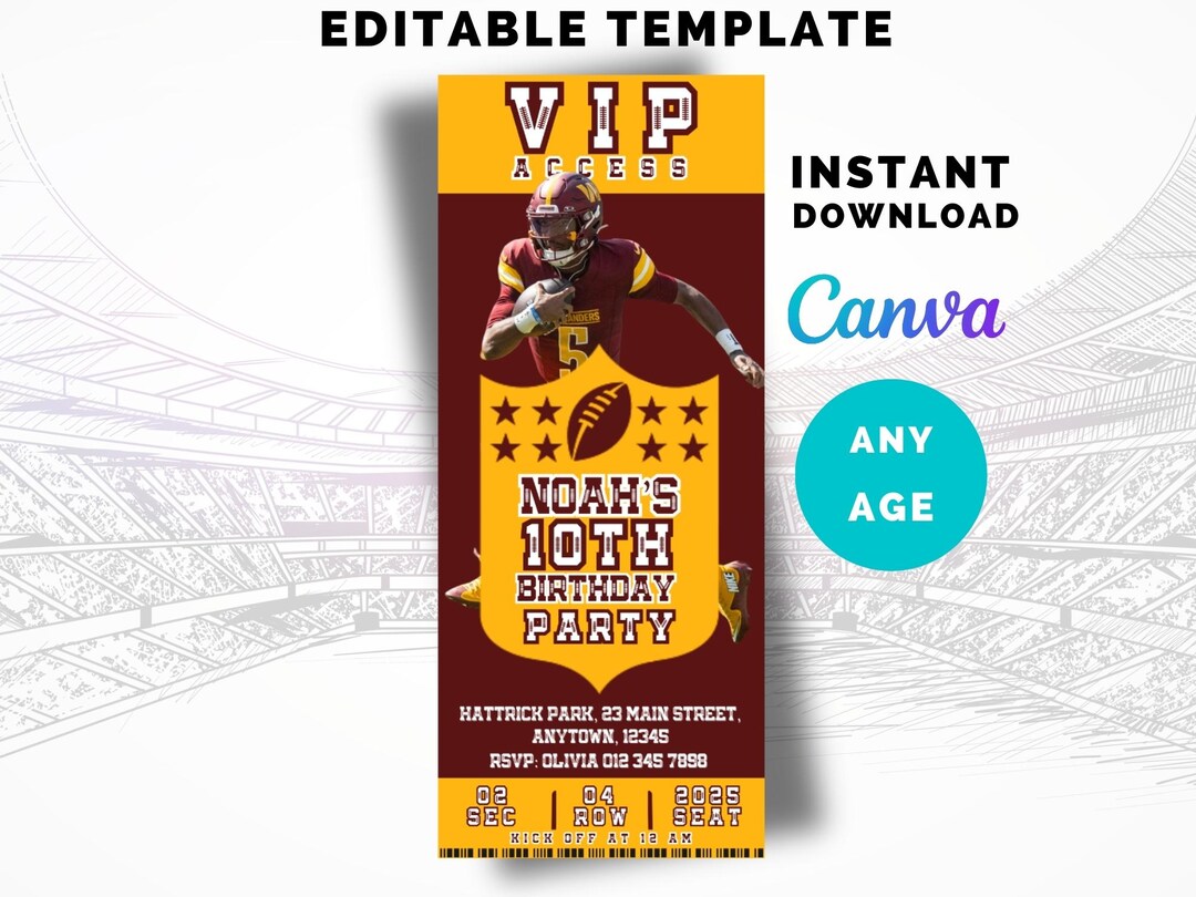 Washington Commanders Birthday Invitation: VIP Ticket, Canva Template ...