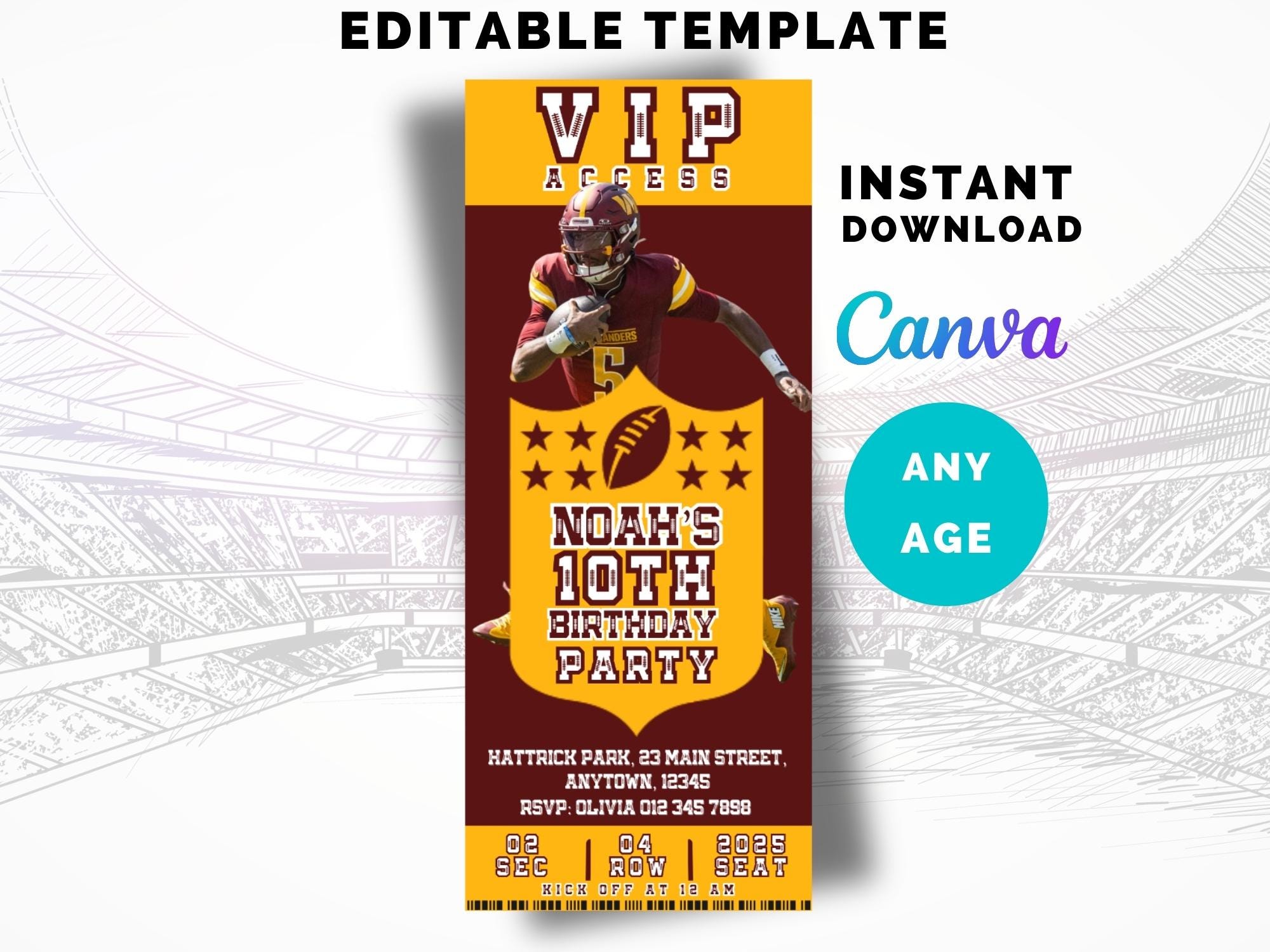 Washington Commanders Birthday Invitation: VIP Ticket, Canva Template ...