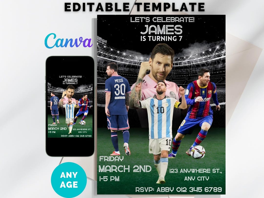 Messi Birthday Invitation, Messi Invitation, Editable Messi Invitation ...