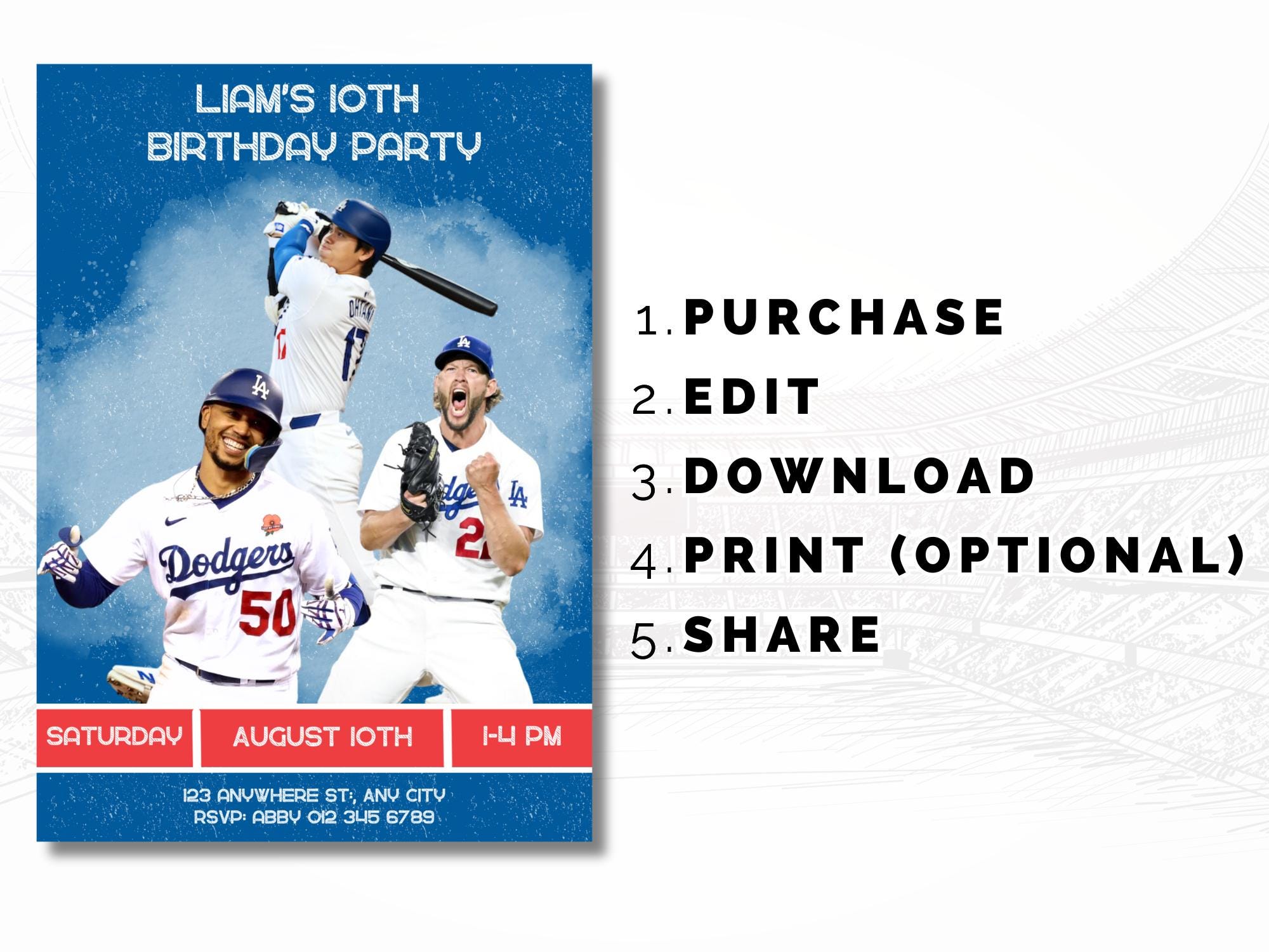 Dodgers Birthday Invitation, Ohtani Betts Kershaw Invitation, Baseball ...