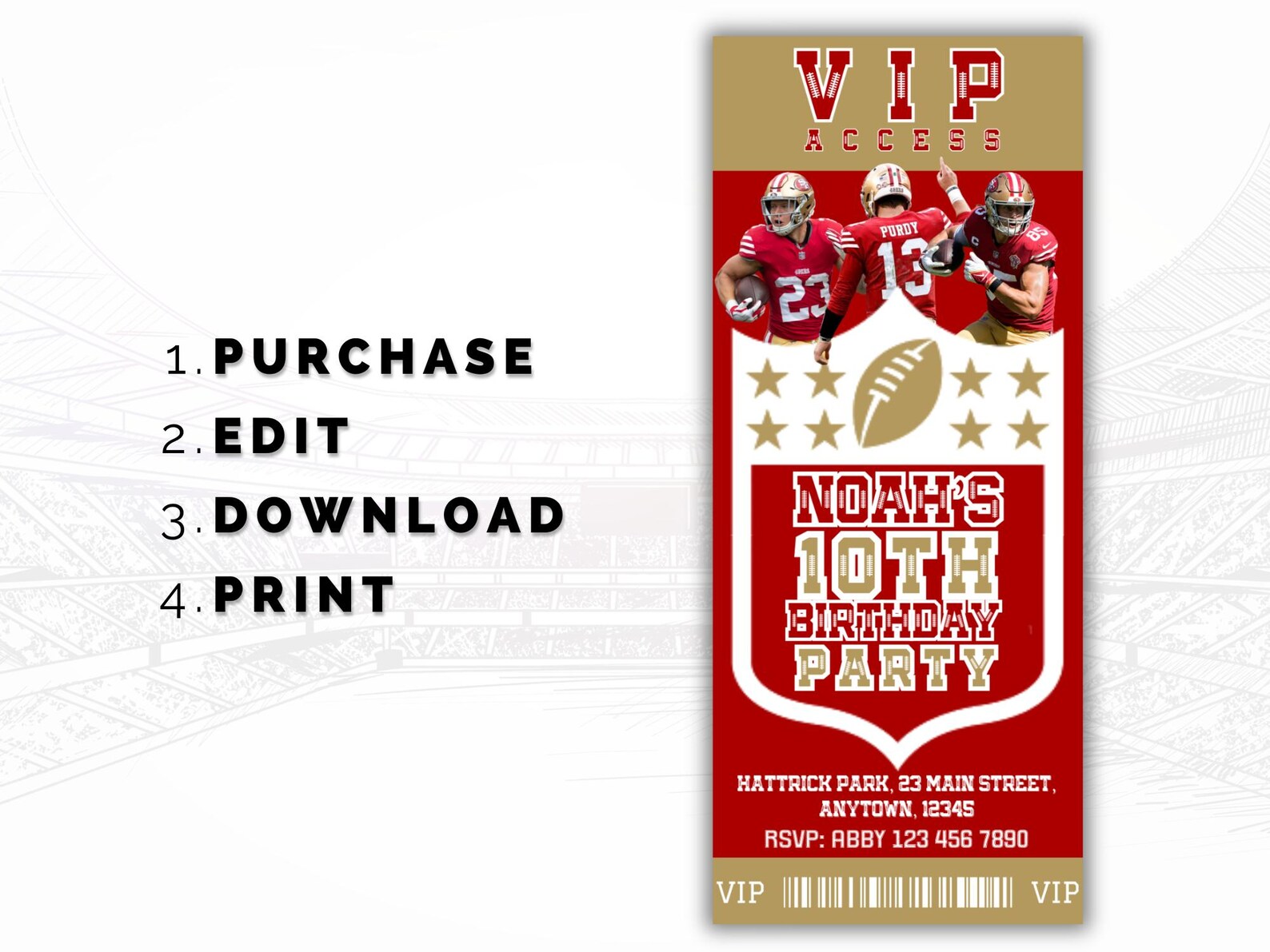 49ers Football Birthday Invitation: VIP Ticket, Canva Template (instant ...