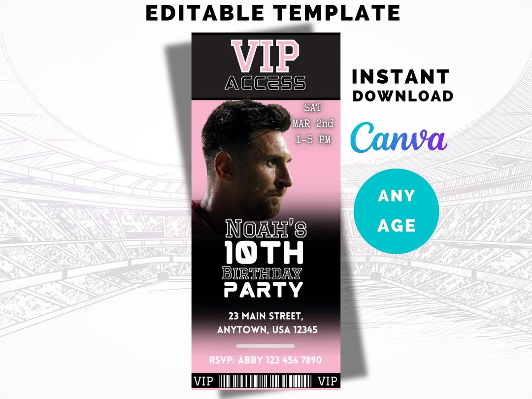 Messi Birthday Invitation, Messi VIP Ticket Invite, Soccer Invitation ...
