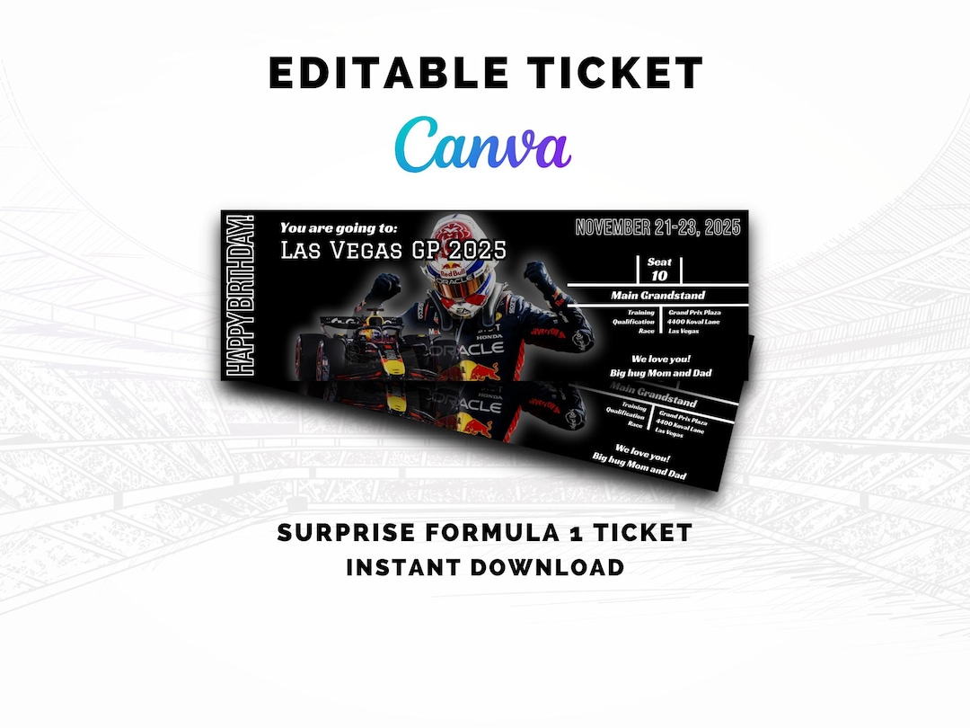 Editable Formula 1 Ticket: Grand Prix Surprise Gift, Canva Template ...