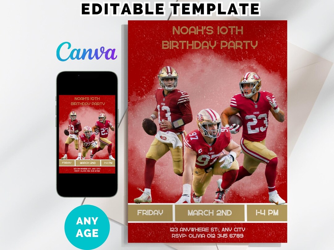 49ers Football Birthday Invitation: San Francisco Team, Canva Template ...