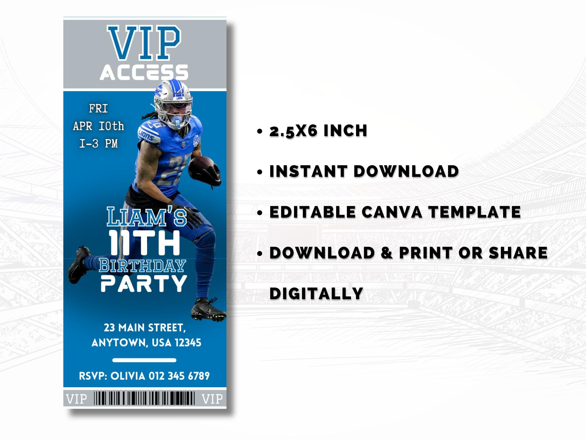 Detroit Lions Birthday Invitation: VIP Ticket, Any Age (canva Template ...