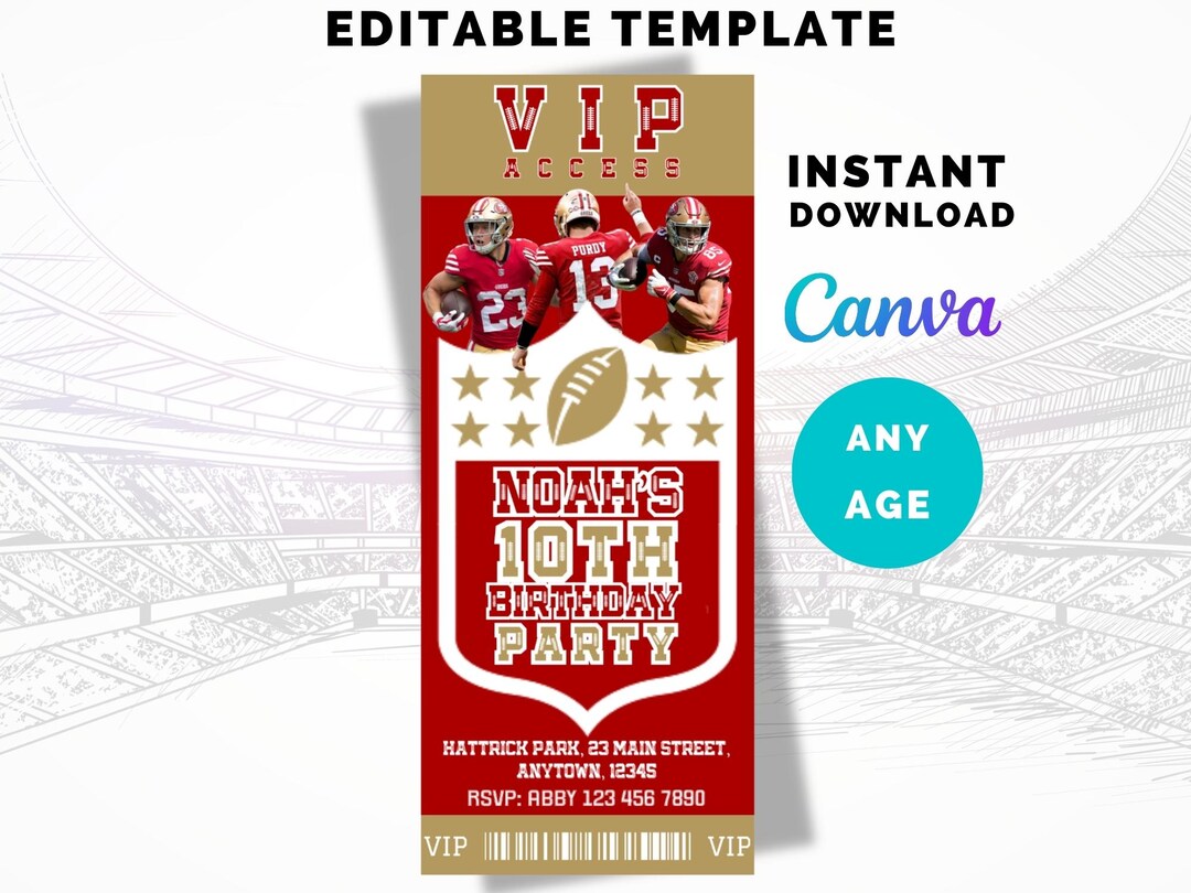 49ers Football Birthday Invitation: VIP Ticket, Canva Template (instant ...
