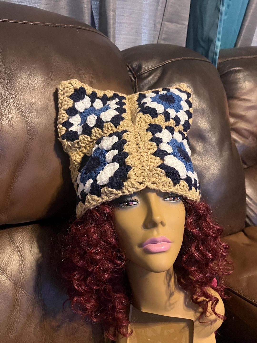 Custom Crochet Granny Square Cat Ear Beanie, Granny Square Cat Ear ...