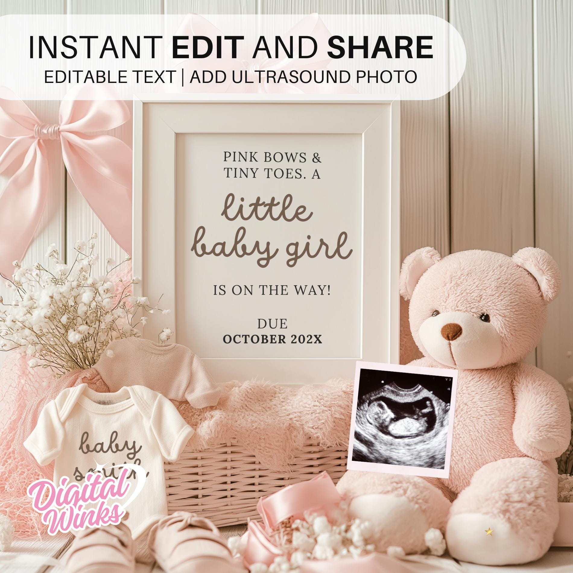 It’s a Girl! Digital Pregnancy Announcement | Pink Ribbon Baby Reveal ...