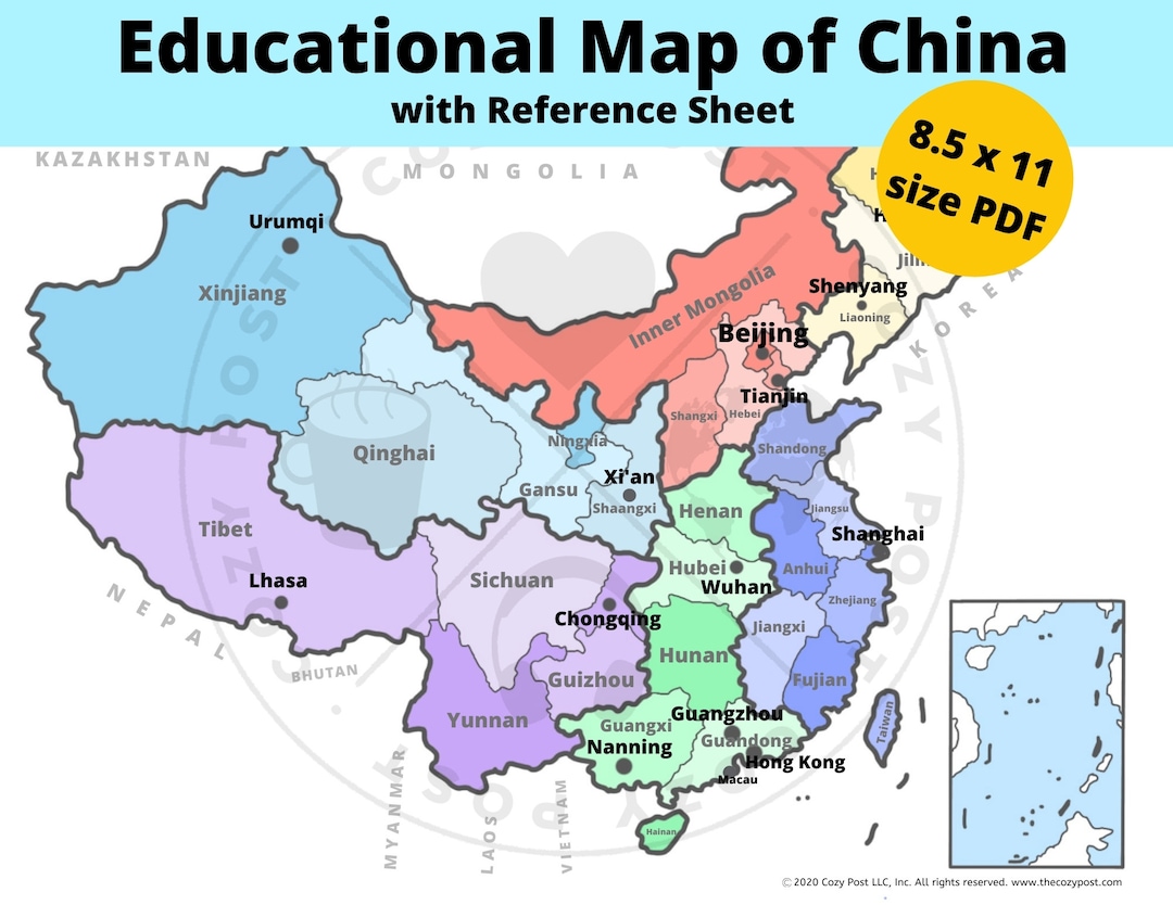 Educational Reference Map of China Pastel Colors Handmade With Numbered ...
