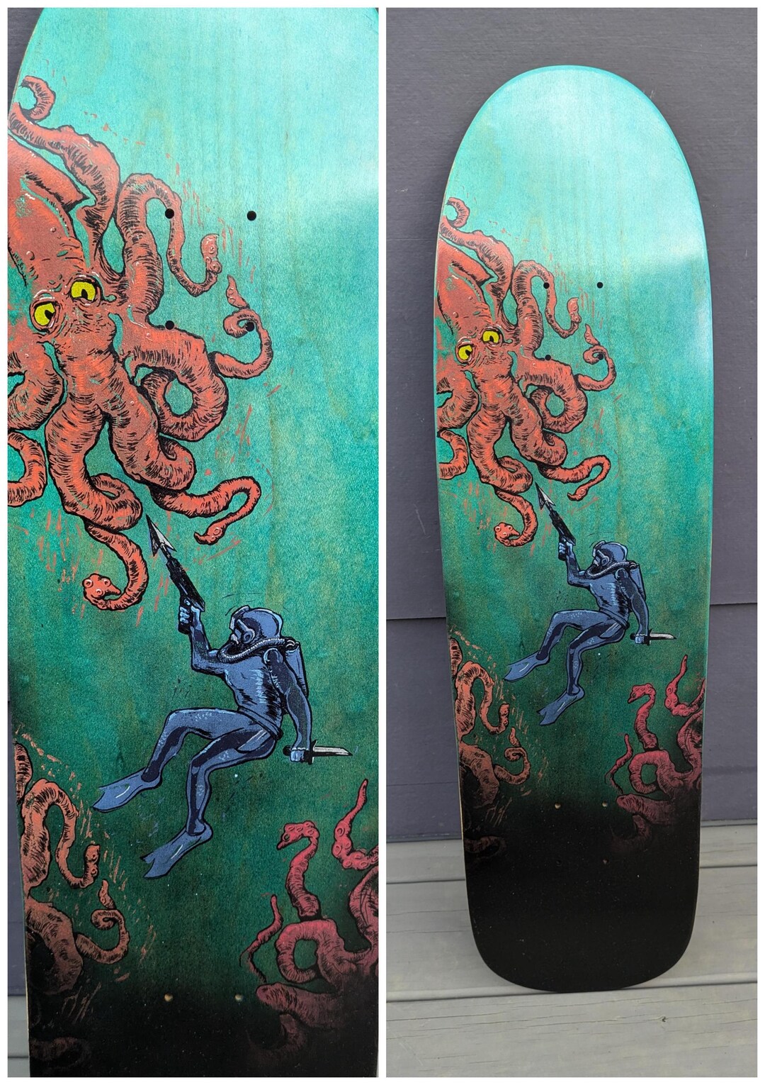 Hand-inked Custom Skateboard Deck Original Art Squid Vs Diver 1 - Etsy