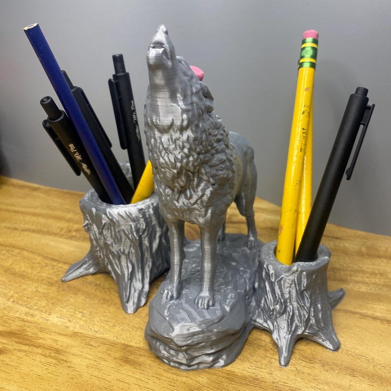Gray Wolf Pen & Pencil Holder – Unique Desk Organizer Glossy Shiny ...
